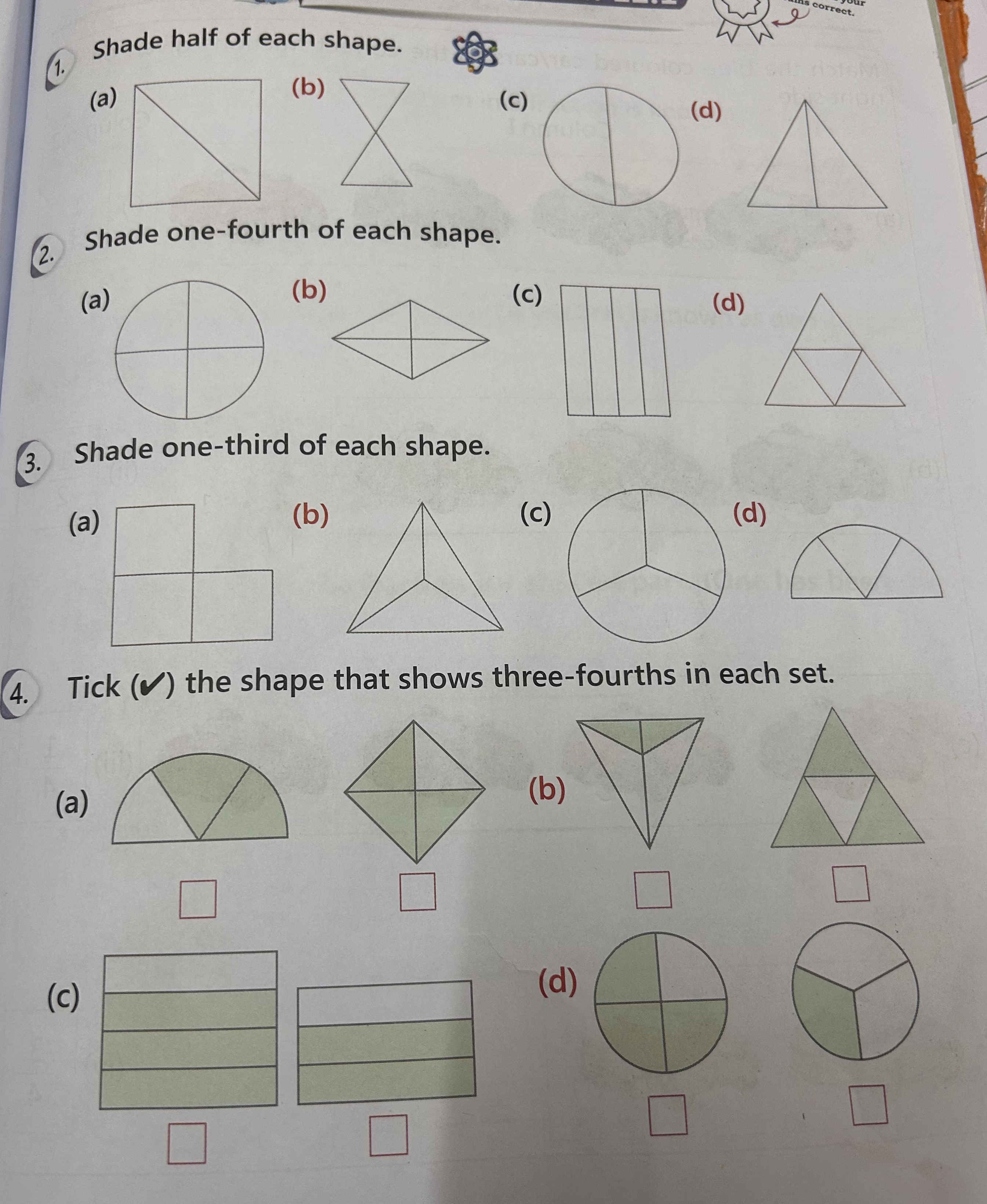 1 Shade half of each shape (a) (b) (c) (d) 2 | StudyX