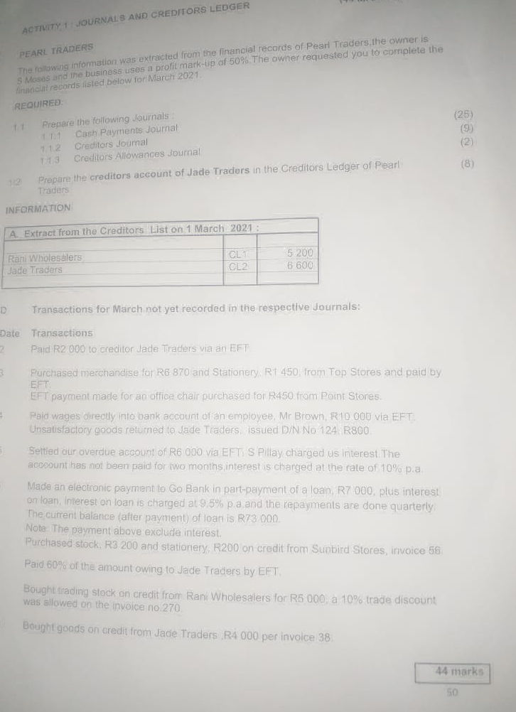 ACTIVITY 1 JOURNALS AND CREDITORS LEDGER | StudyX
