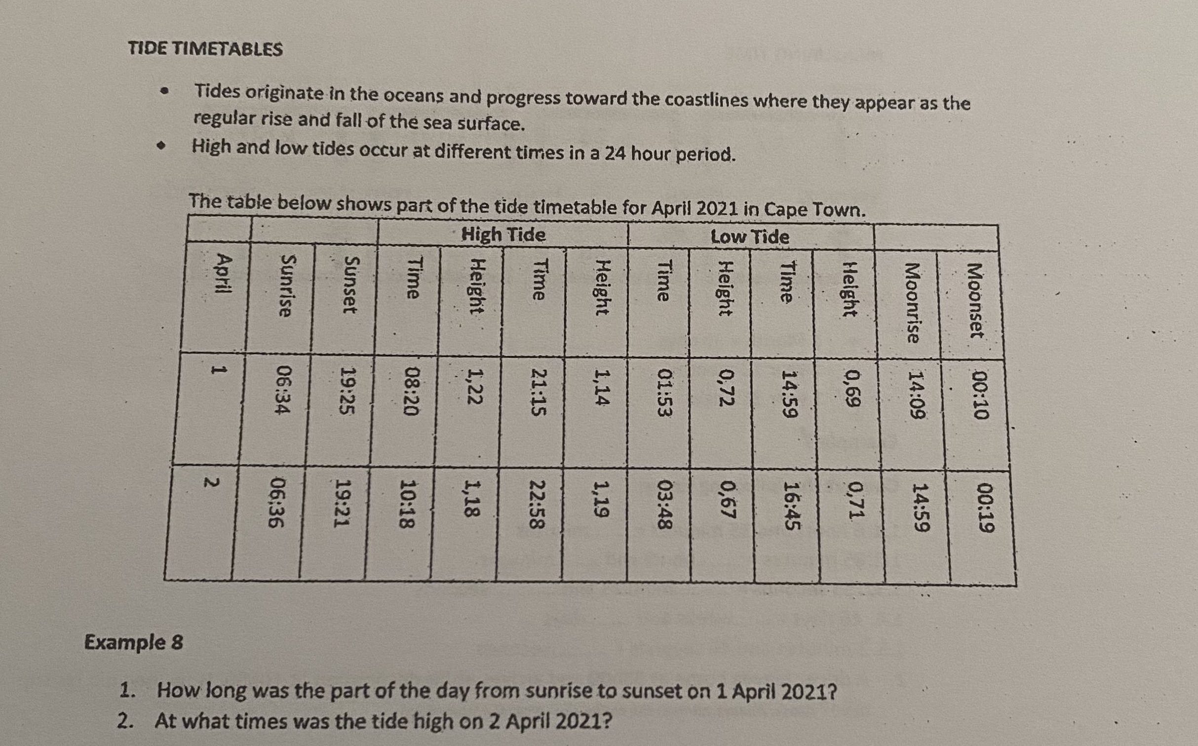 The table below shows part of the tide | StudyX
