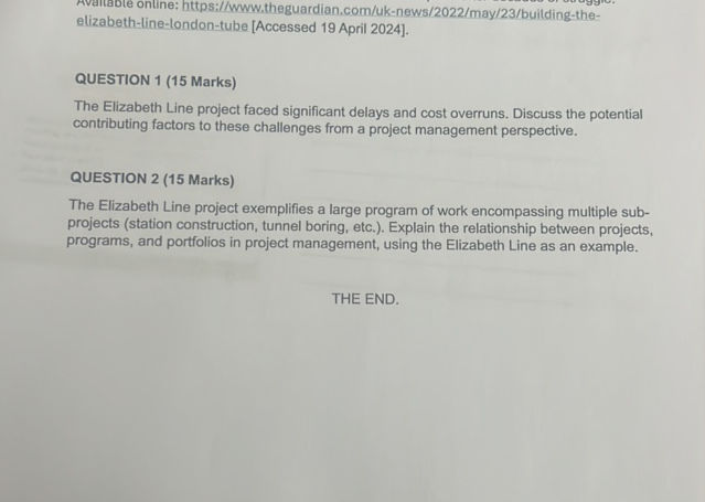 QUESTION 1 (15 Marks) The Elizabeth Line