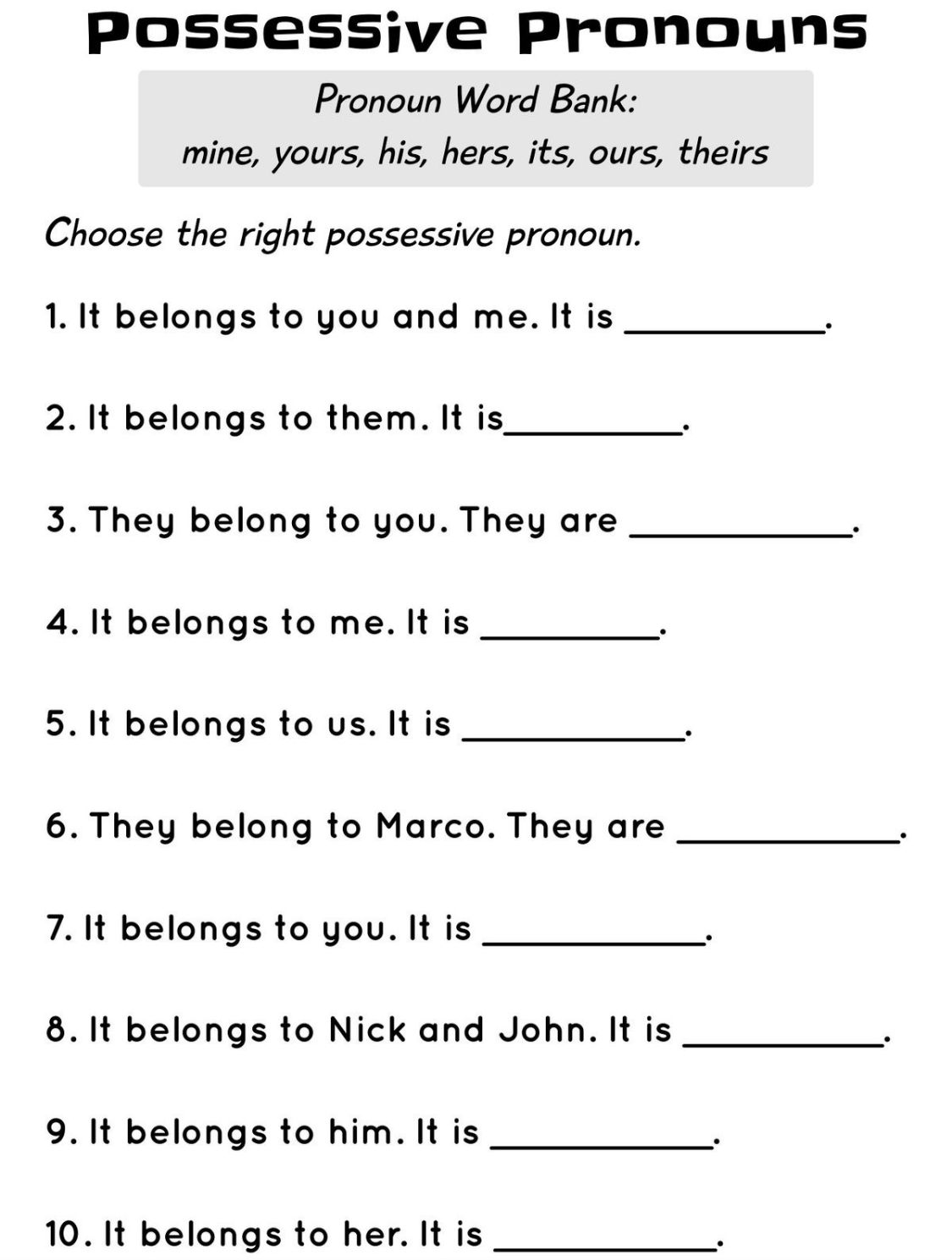 Possessive Pronouns Pronoun Word Bank: | StudyX