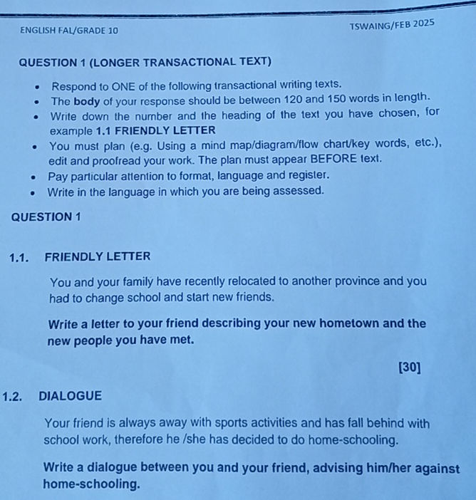 QUESTION 1 (LONGER TRANSACTIONAL TEXT) | StudyX