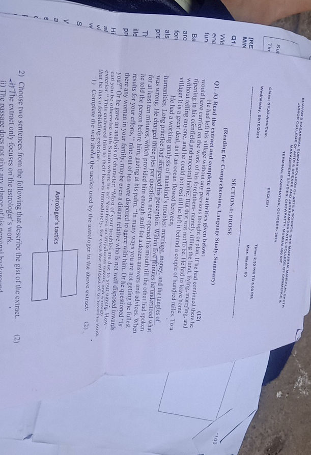 Q1 A) Read the extract and complete the | StudyX