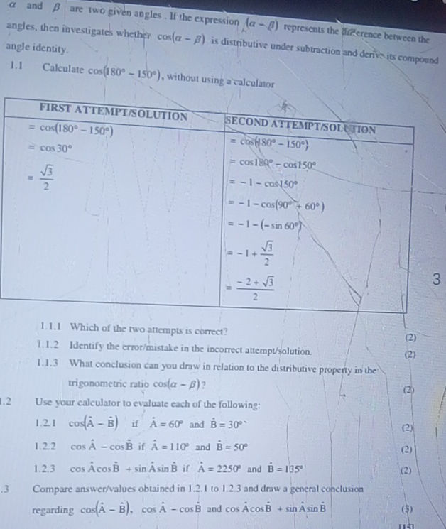 1.1 Calculate $ (180^ - 150^ )$, without | StudyX