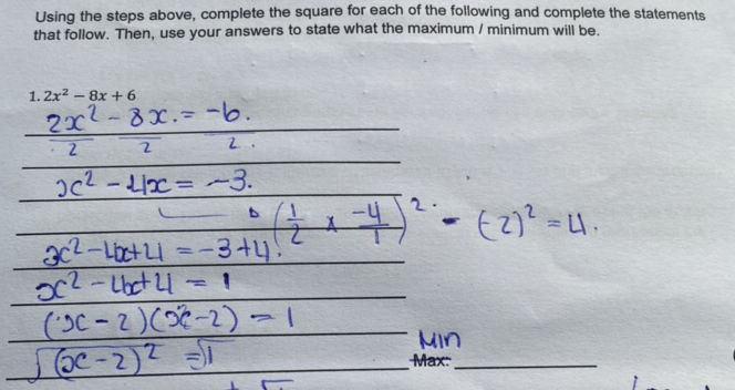 Using the steps above, complete the square | StudyX