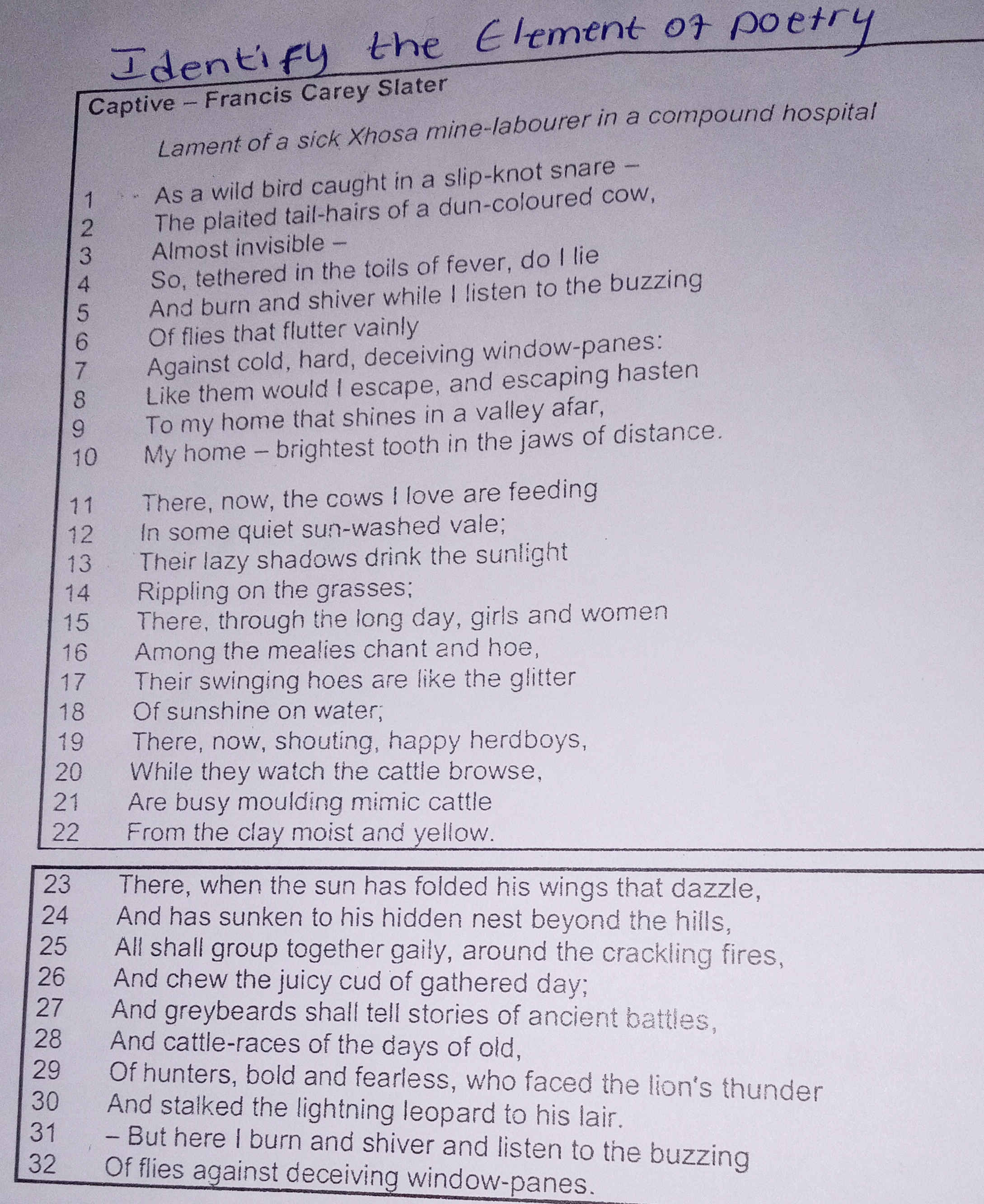 Identify the Element of poetry Captive