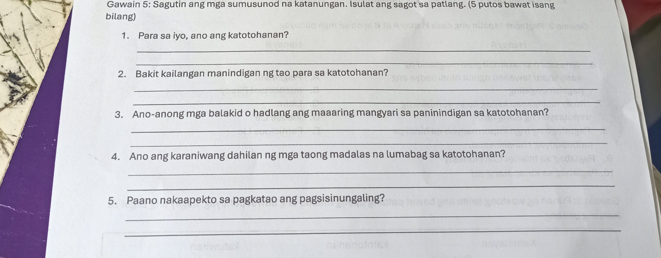Gawain 5: Sagutin ang mga sumusunod na | StudyX
