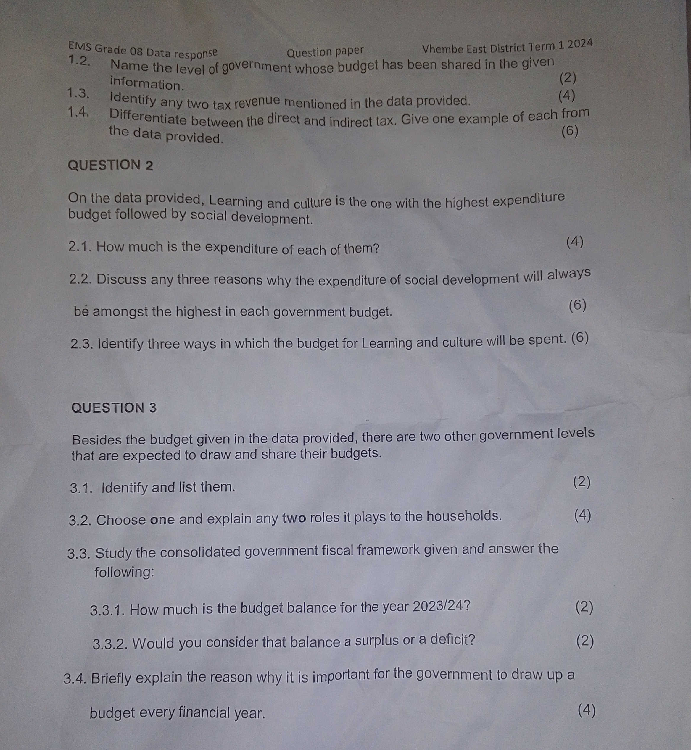 EMS Grade 08 Data response 12 Name the level | StudyX