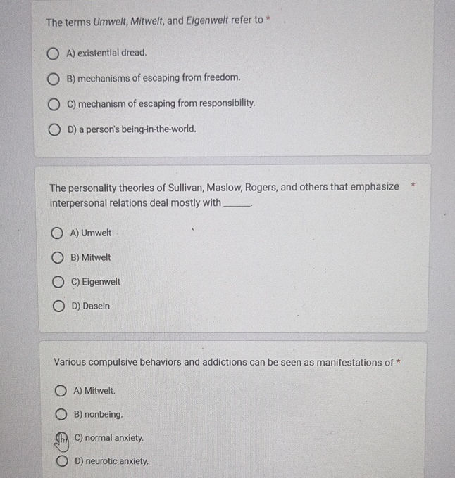 The terms Umwelt Mitwelt and Eigenwelt refer | StudyX