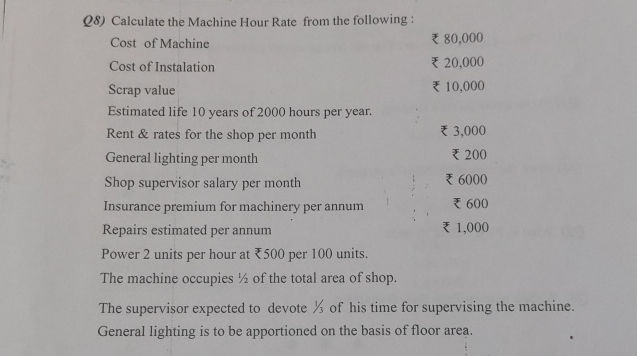 Q8) Calculate the Machine Hour Rate from the | StudyX