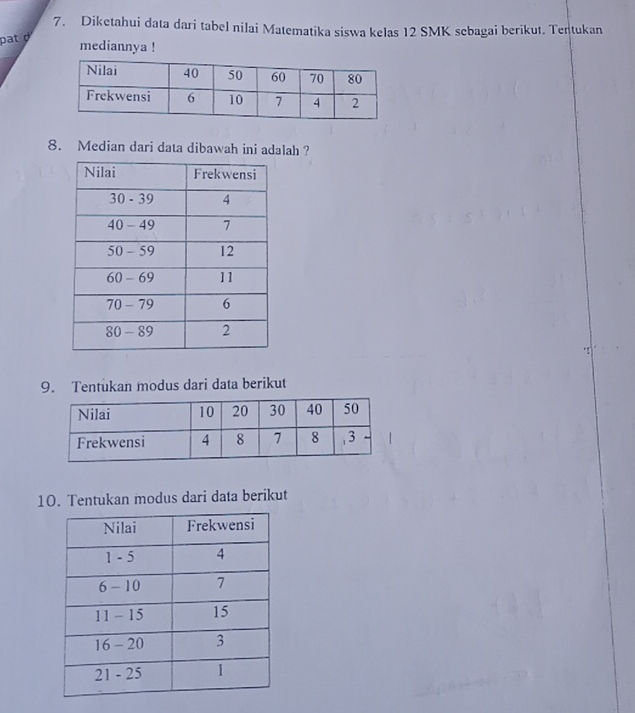 7 Diketahui data dari tabel nilai Matematika | StudyX