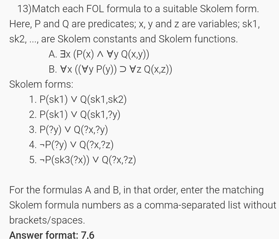 13)Match each FOL formula to a suitable | StudyX