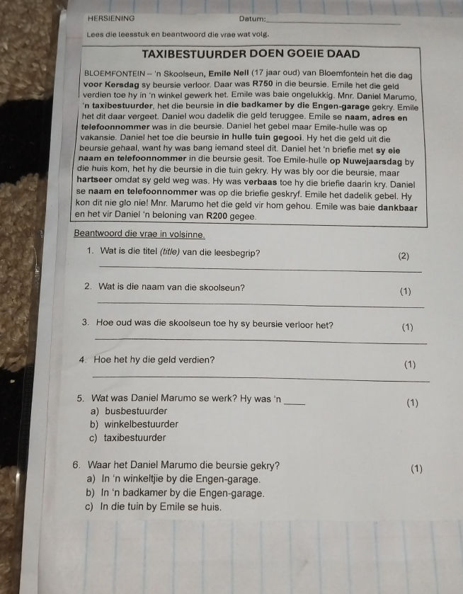 Lees die leesstuk en beantwoord die vrae wat