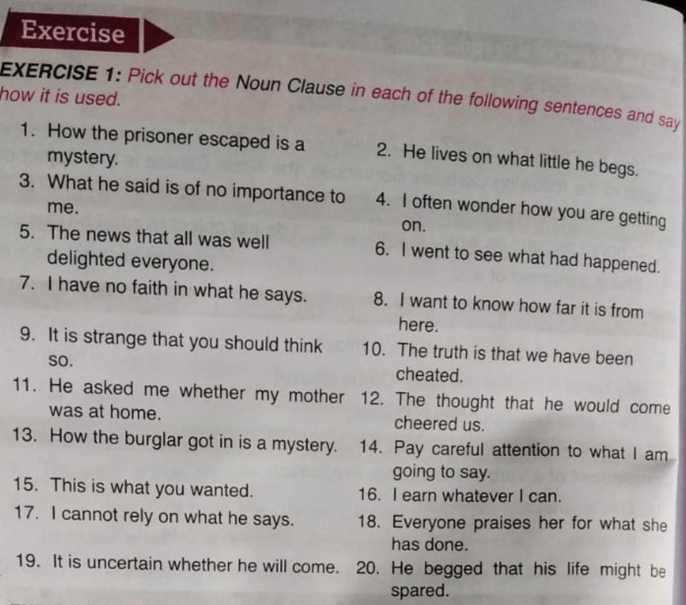 EXERCISE 1 Pick out the Noun Clause in each | StudyX