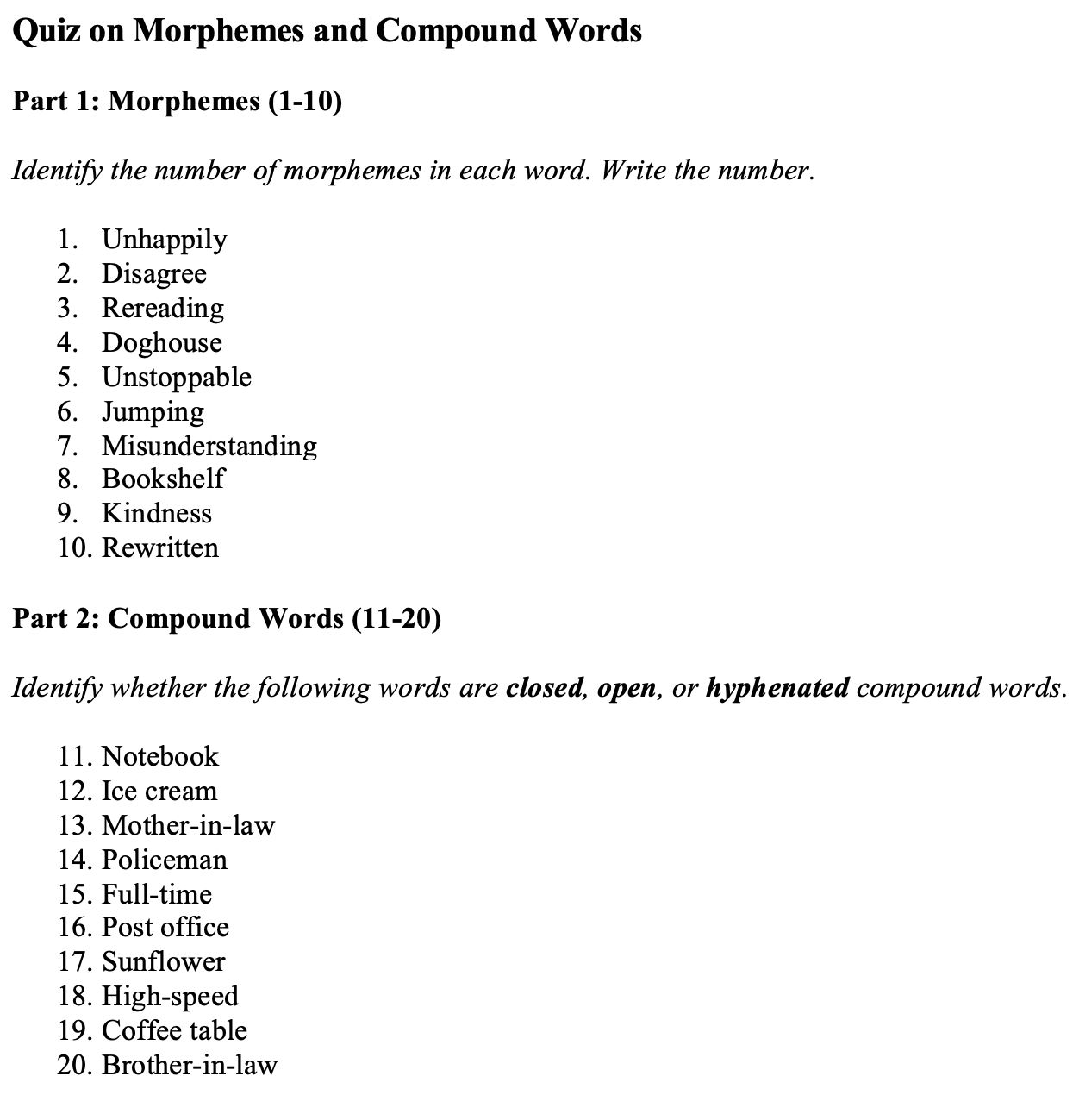 Quiz on Morphemes and Compound Words Part 1 | StudyX
