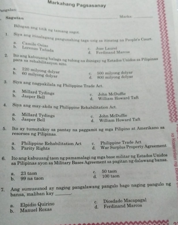 Markahang Pagsasanay Pangalan Sagutan Marka | StudyX