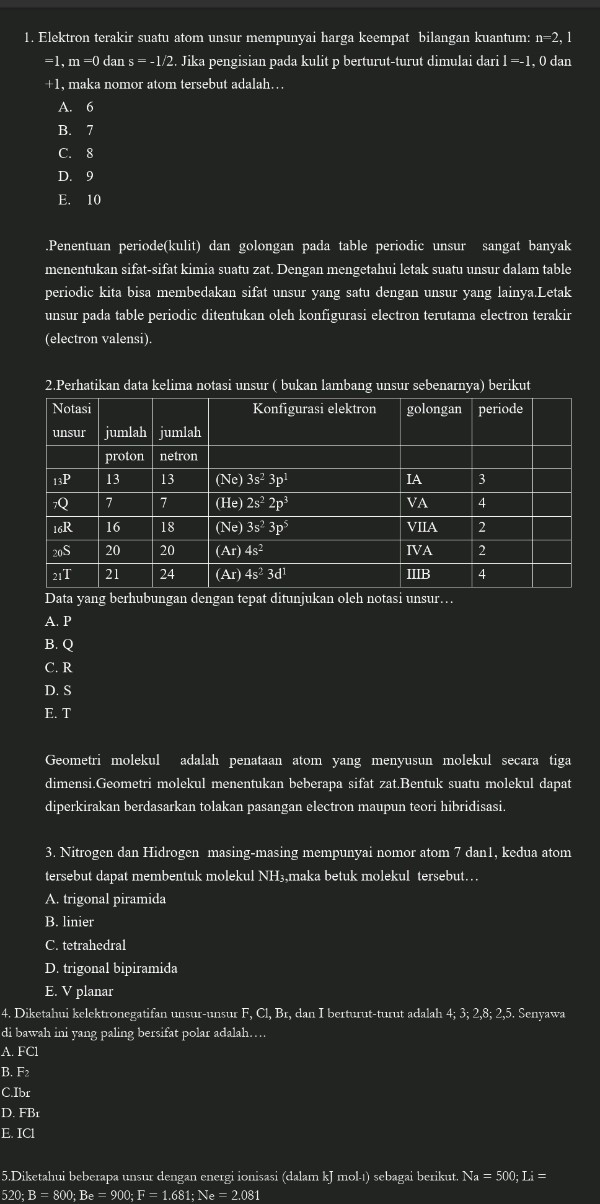1 Elektron terakhir suatu atom unsur | StudyX