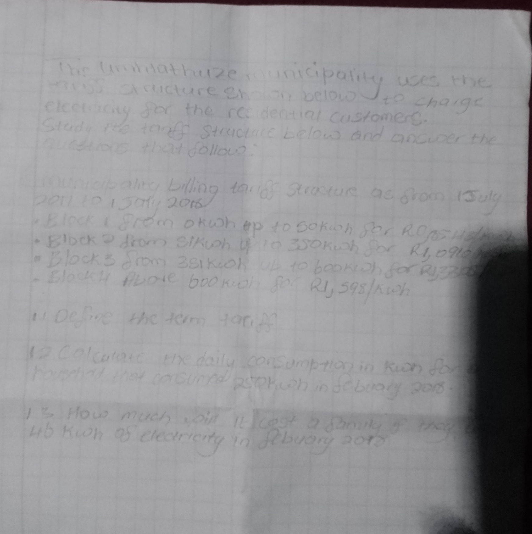 The Umhlathuze municipality uses the tariff | StudyX