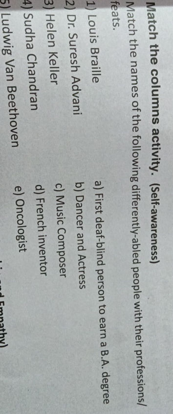 Match the columns activity (Self-awareness) | StudyX