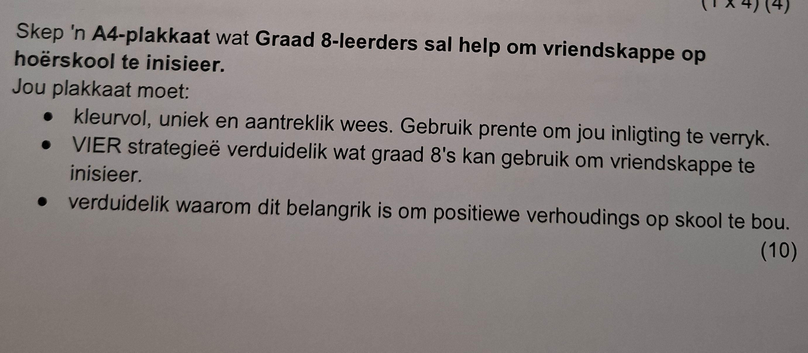 Skep n A4-plakkaat wat Graad 8-leerders sal | StudyX