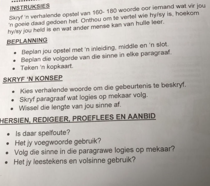 INSTRUKSIES Skryf n verhalende opstel van | StudyX