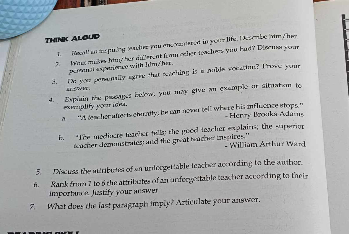 THINK ALOUD 1 Recall an inspiring teacher | StudyX