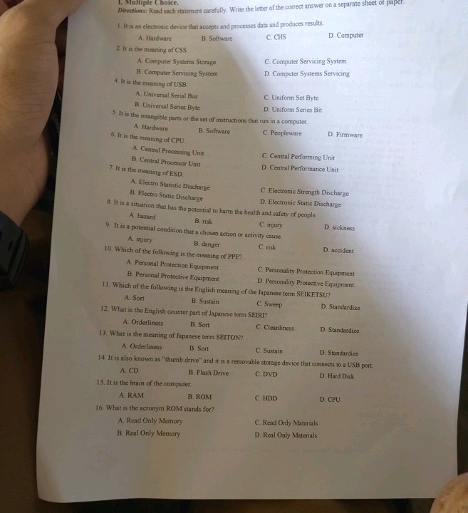 L Multiple Choice Directions Read each | StudyX