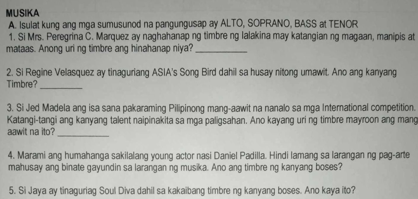 MUSIKA A Isulat kung ang mga sumusunod na