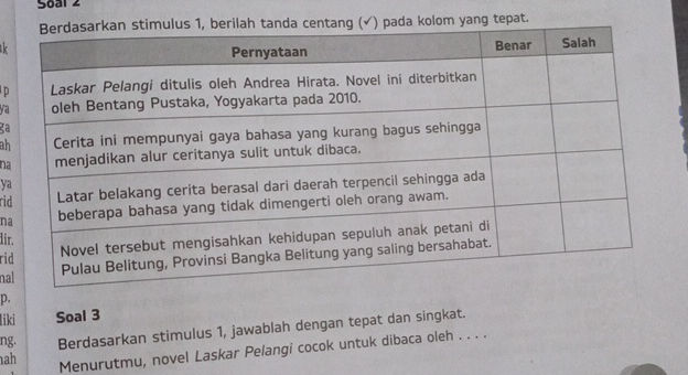 Berdasarkan stimulus 1 berilah tanda centang | StudyX
