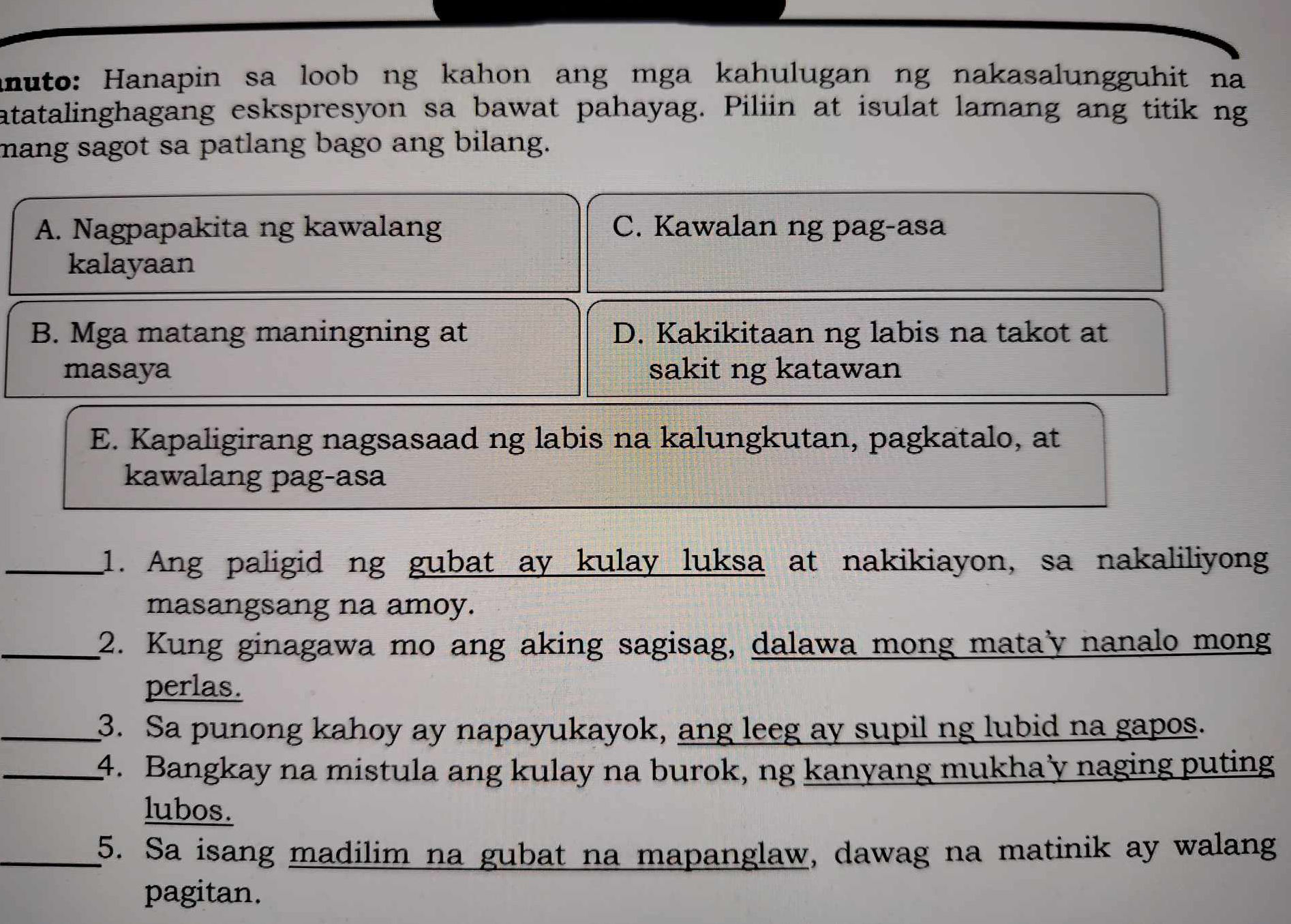 Hanapin sa loob ng kahon ang mga kahulugan | StudyX
