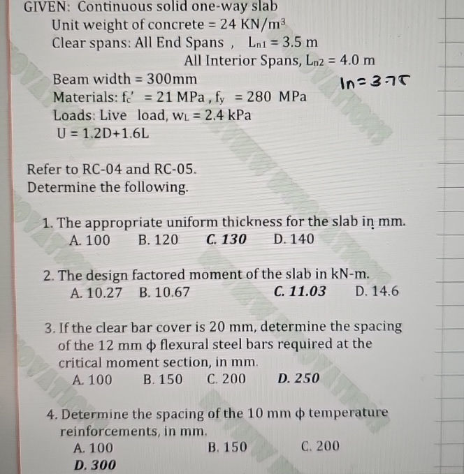 GIVEN: Continuous solid one-way slab Unit