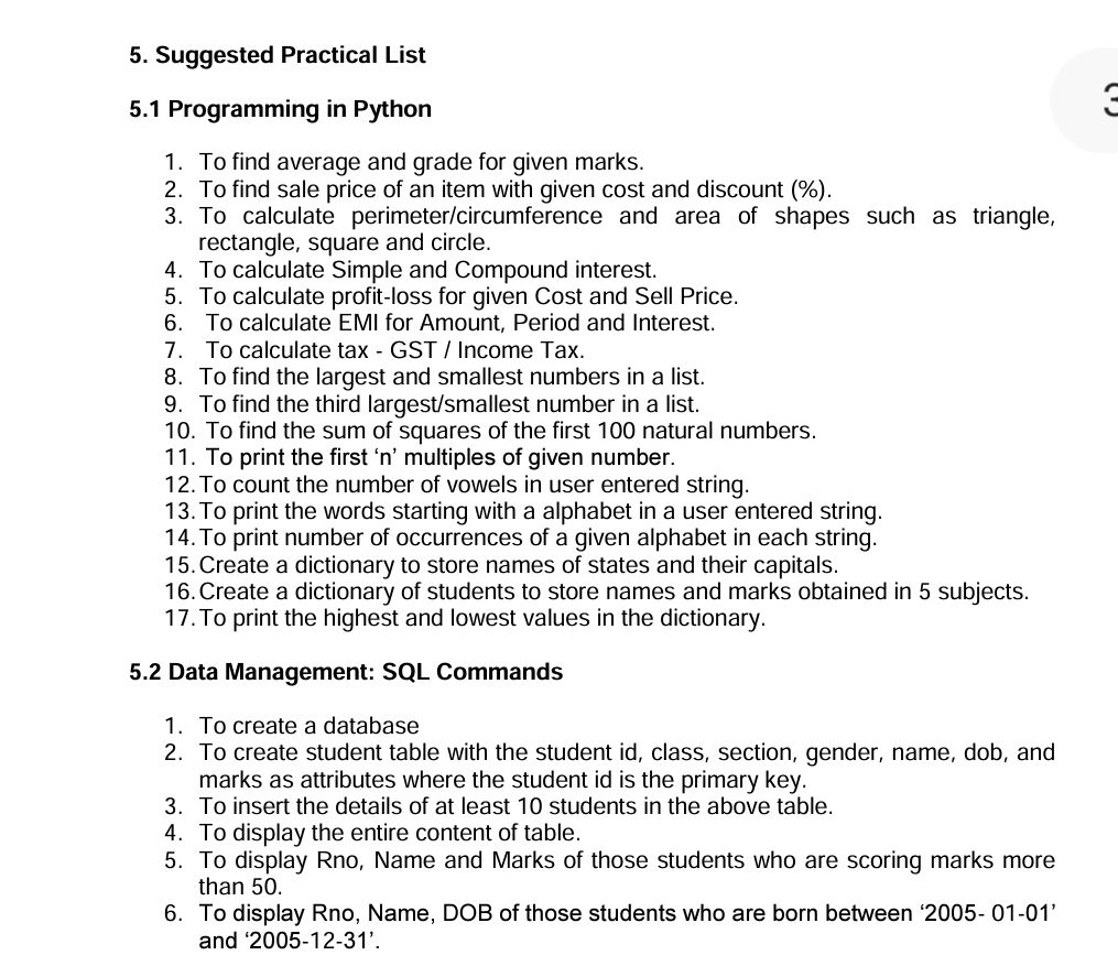5 Suggested Practical List 51 Programming in | StudyX