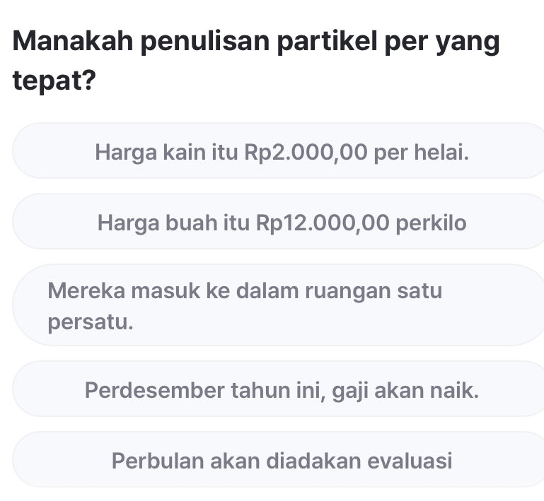 Manakah penulisan partikel per yang tepat? | StudyX
