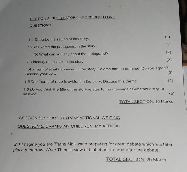SECTION A: SHORT STORY - FORBIDDEN LOVE