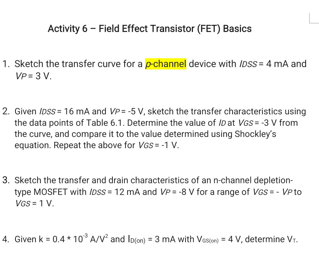 Activity 6 - Field Effect Transistor (FET) | StudyX