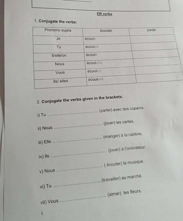 ER verbs 1 Conjugate the verbs Pronoms | StudyX