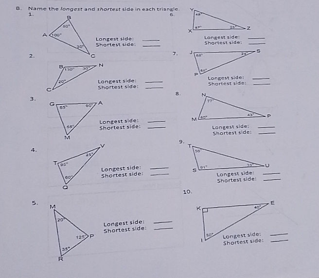B. Name the longest and shortest side in | StudyX