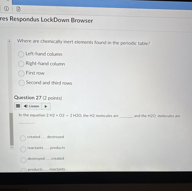 Where are chemically inert elements found in | StudyX
