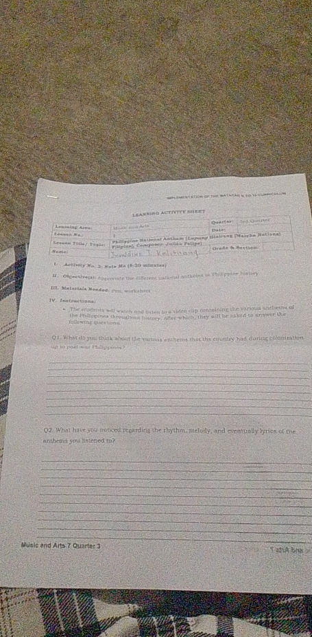 Learning Activity Sheet Quarter 3rd Quarter | StudyX