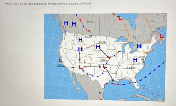 Which arrow on the map points to an air mass | StudyX