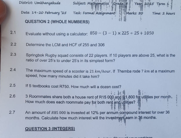 QUESTION 2 (WHOLE NUMBERS) 2.1 Evaluate | StudyX