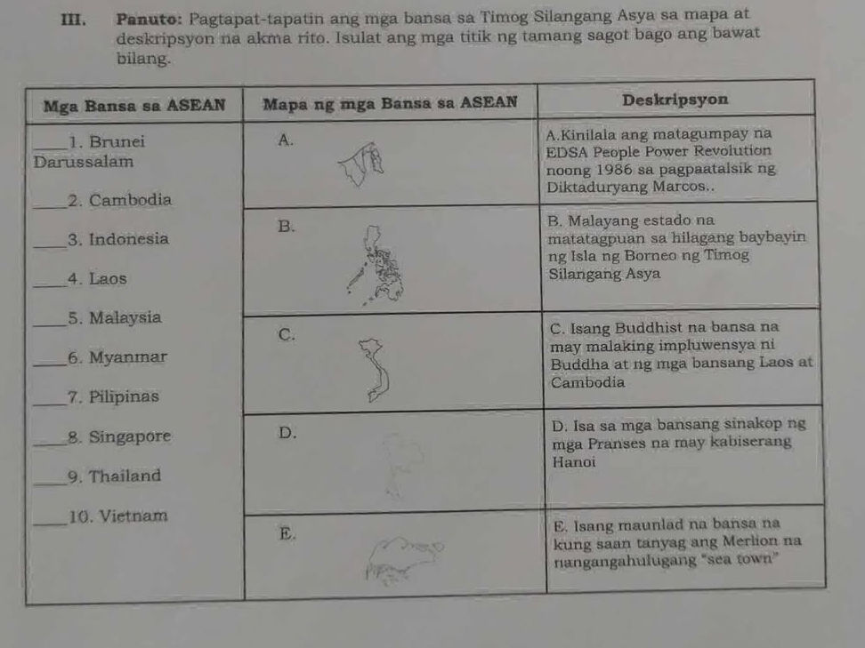 III. Panuto: Pagtapat-tapatin ang mga bansa