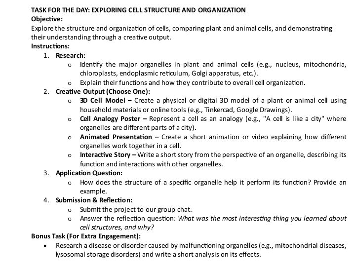 TASK FOR THE DAY EXPLORING CELL STRUCTURE | StudyX