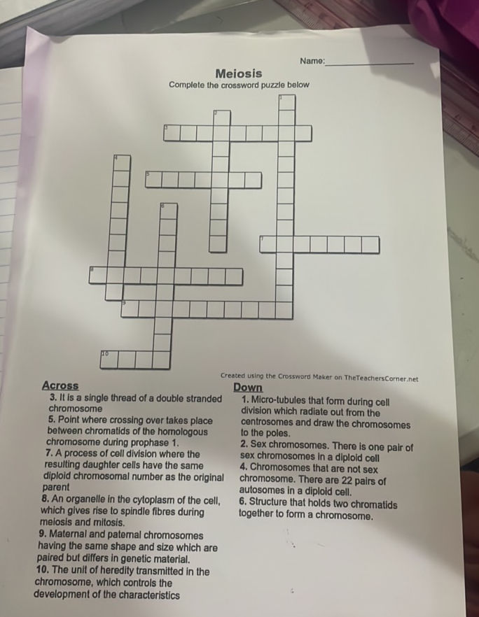 Meiosis Complete the crossword puzzle below | StudyX