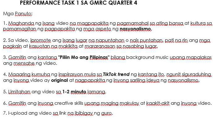 PERFORMANCE TASK 1 SA GMRC QUARTER 4 Mga | StudyX