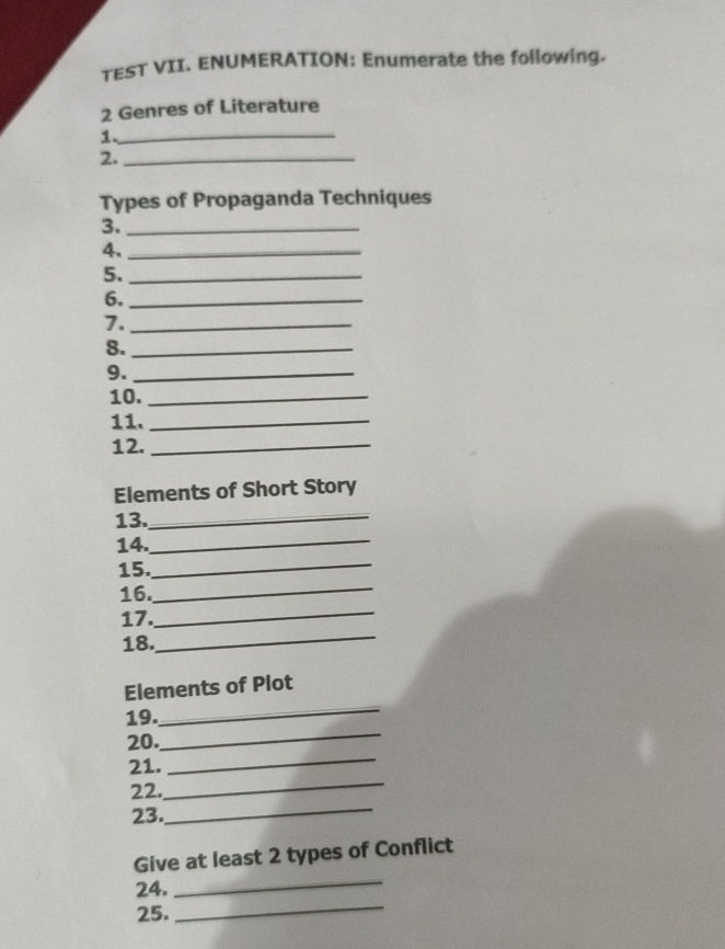TEST VII ENUMERATION Enumerate the following | StudyX