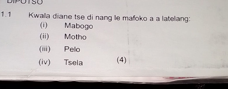 1.1 Kwala diane tse di nang le mafoko a a