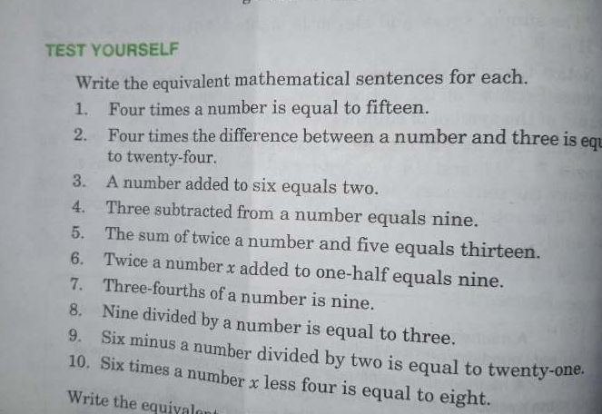 Write the equivalent mathematical sentences | StudyX
