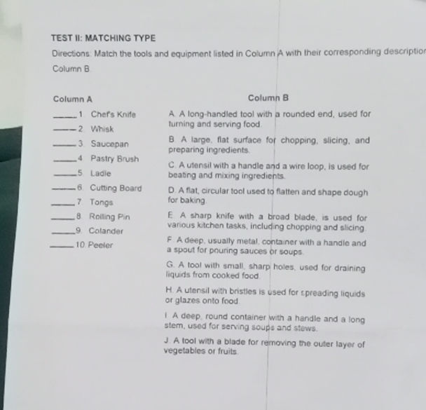 TEST II MATCHING TYPE Directions Match the | StudyX