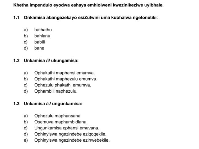 Khetha impendulo eyodwa eshaya emhlolweni | StudyX